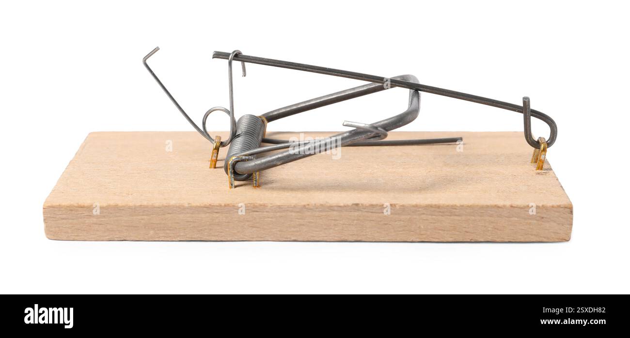 One spring-loaded bar mousetrap isolated on white Stock Photo - Alamy