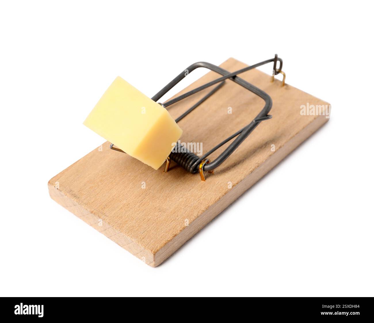Spring-loaded bar mousetrap with piece of cheese isolated on white ...