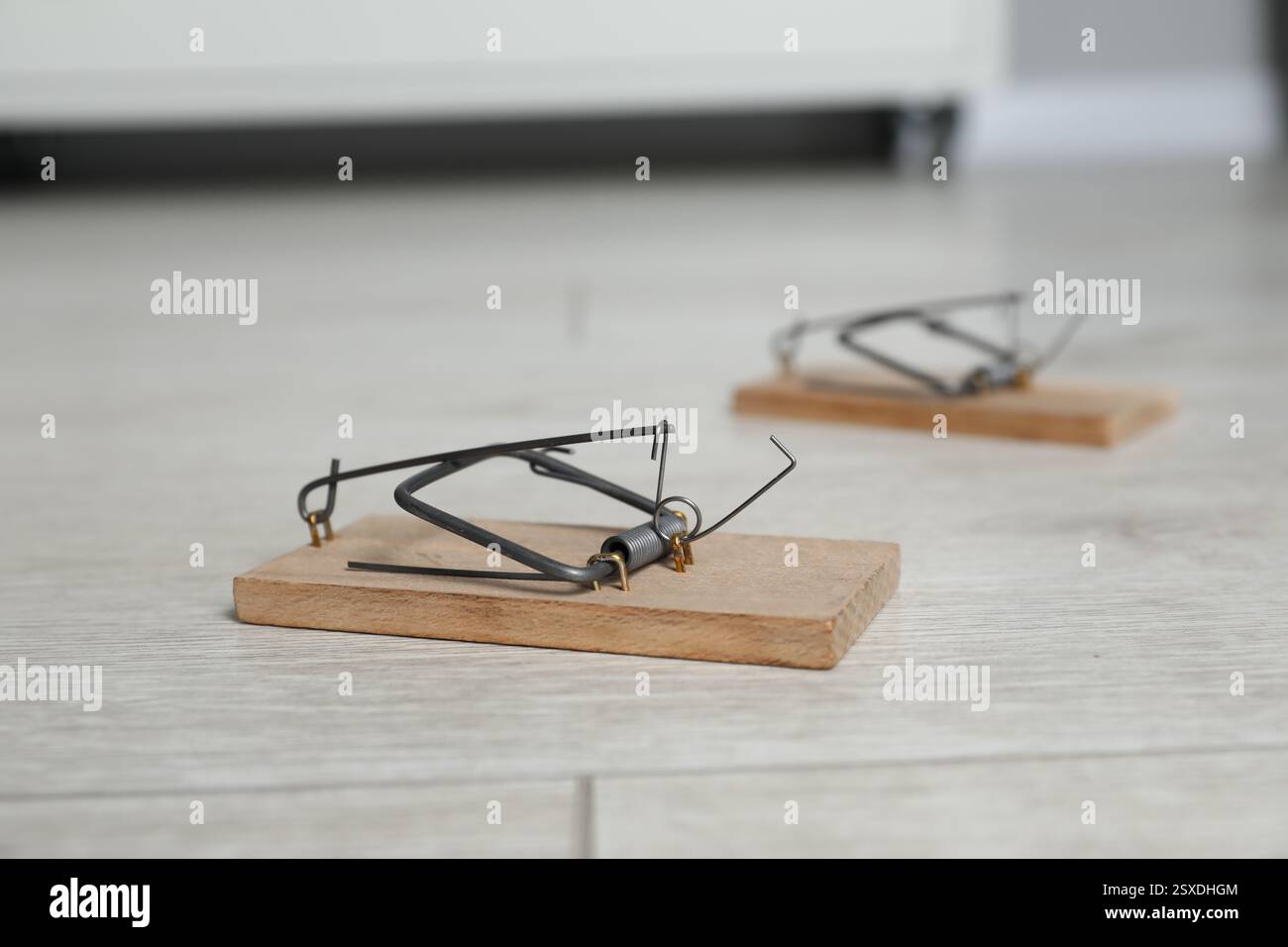 Spring-loaded bar mousetraps on floor indoors, selective focus Stock ...