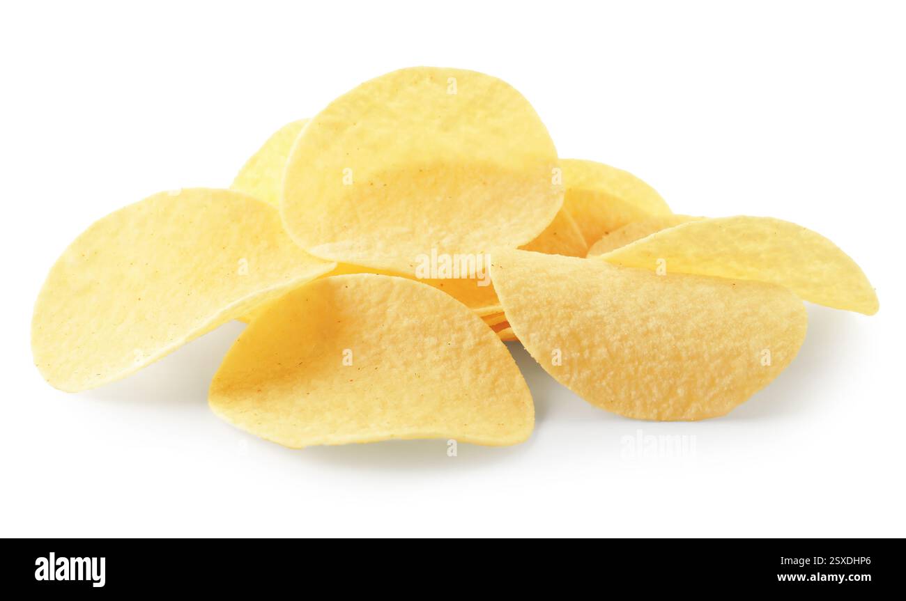 Many tasty potato chips isolated on white Stock Photo - Alamy