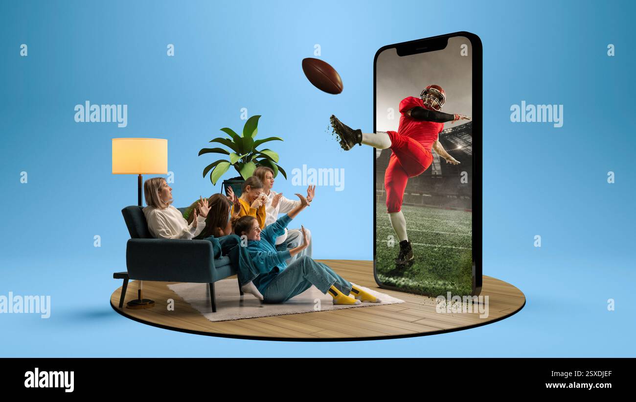 Immersive football experience. Group of friends reacting excitedly as ...