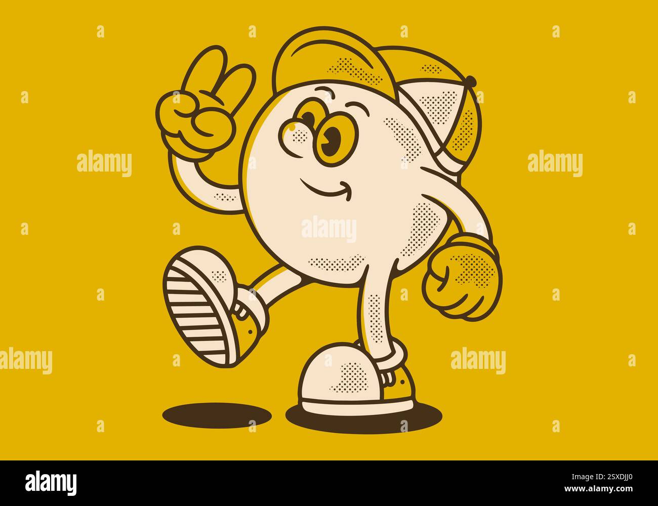 walking ball head mascot character wearing a hat with hands forming a ...