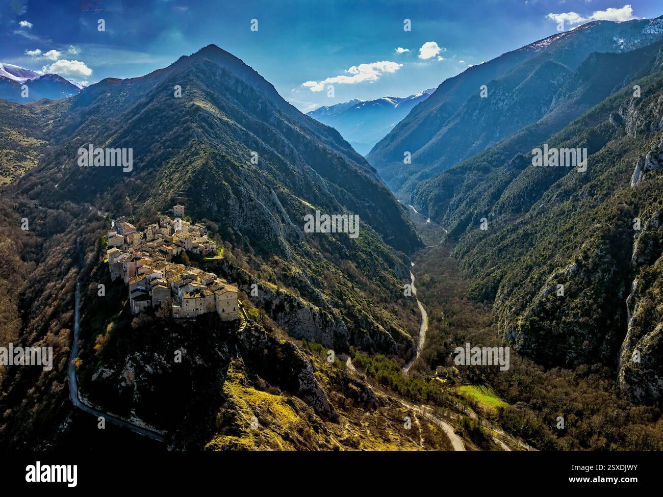 Aerial view of the small medieval village of Castrovalva with the ...