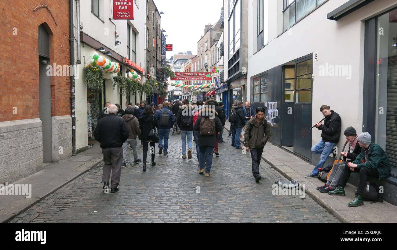 Dublin, Ireland - 16th March 2015 - A busy street in Temple Bar with ...