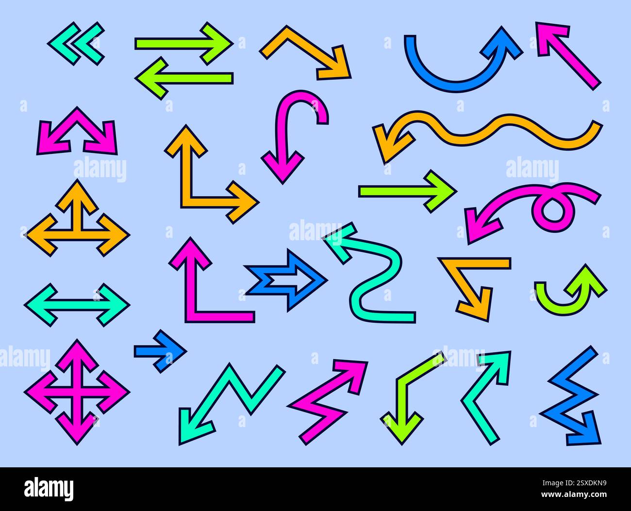 Color Directional Arrows. Bright Lines Sign Directions Right Left Down Curved, Backward, zigzag ...
