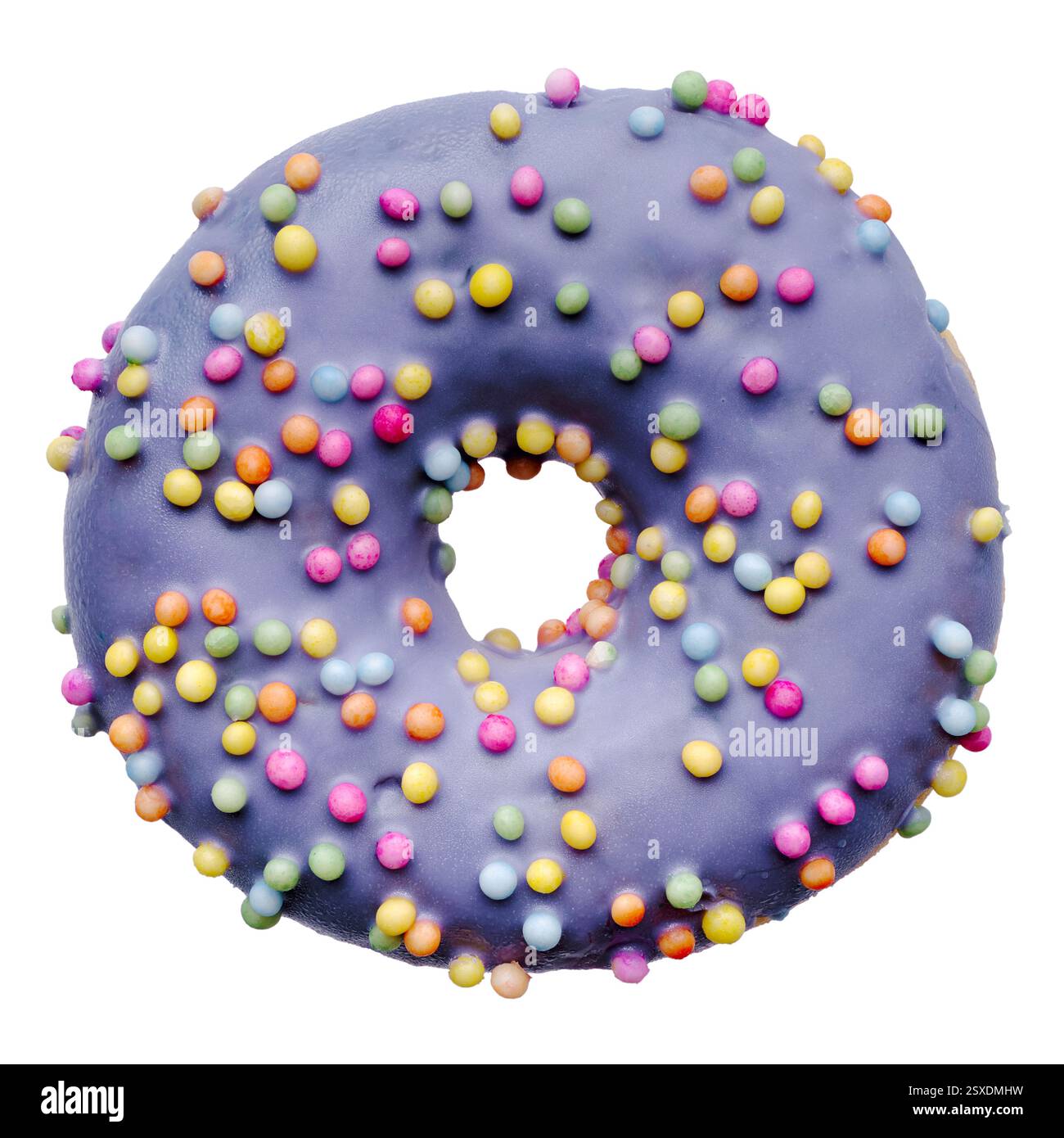 Single donut decorated with purple icing and colorful sprinkles, close up shot, isolated on ...