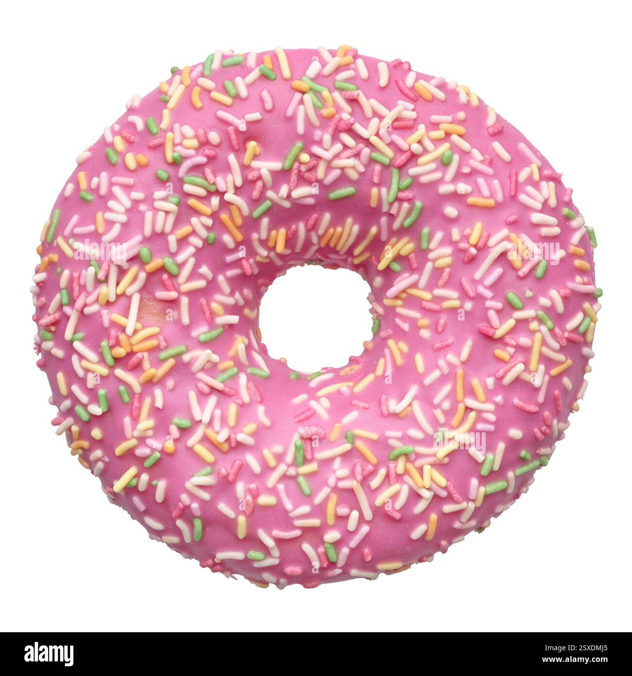 Single donut decorated with pink icing and colorful sprinkles, close up shot, isolated on white ...