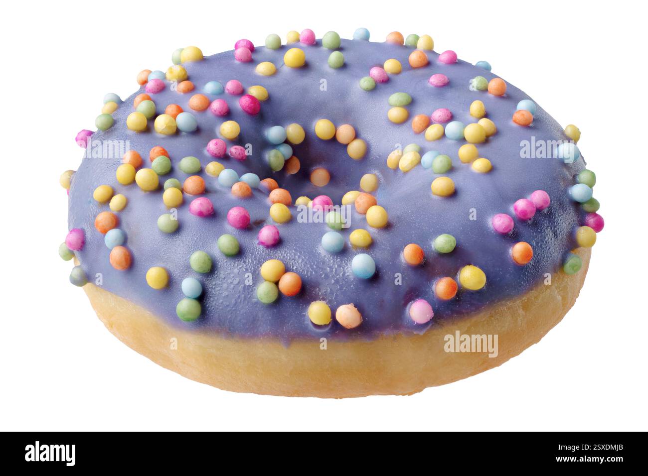 Single donut decorated with purple icing and colorful sprinkles, close up shot, isolated on ...