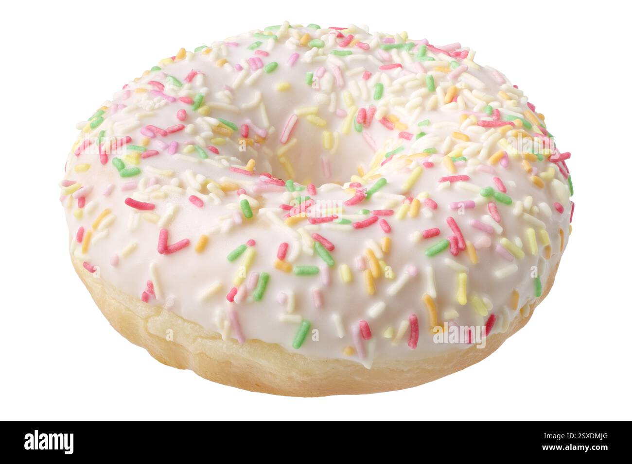 Single donut decorated with white icing and colorful sprinkles, close up shot, isolated on white ...