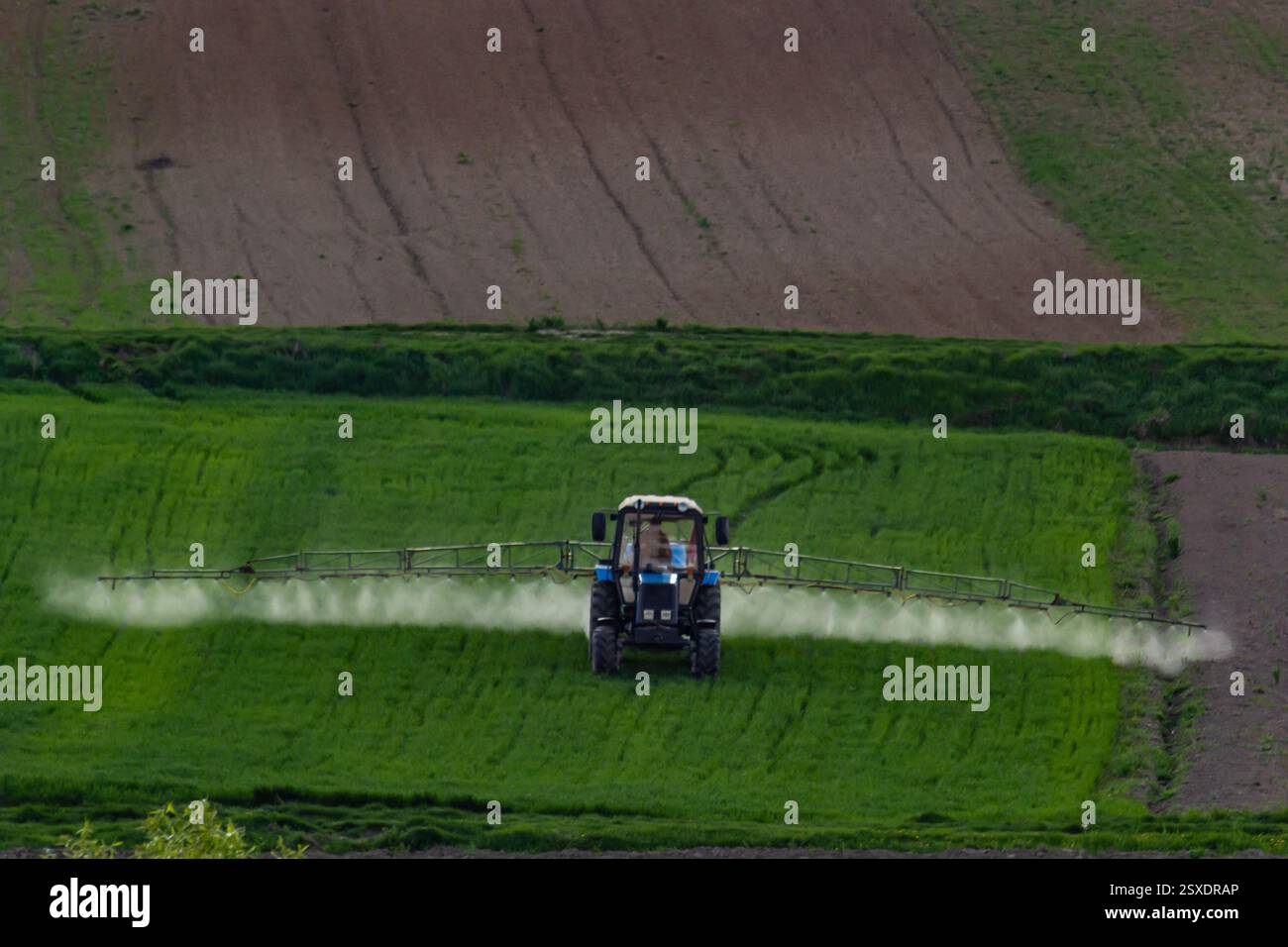 Aerial view of tractor spraying crop in green farm fields with ...