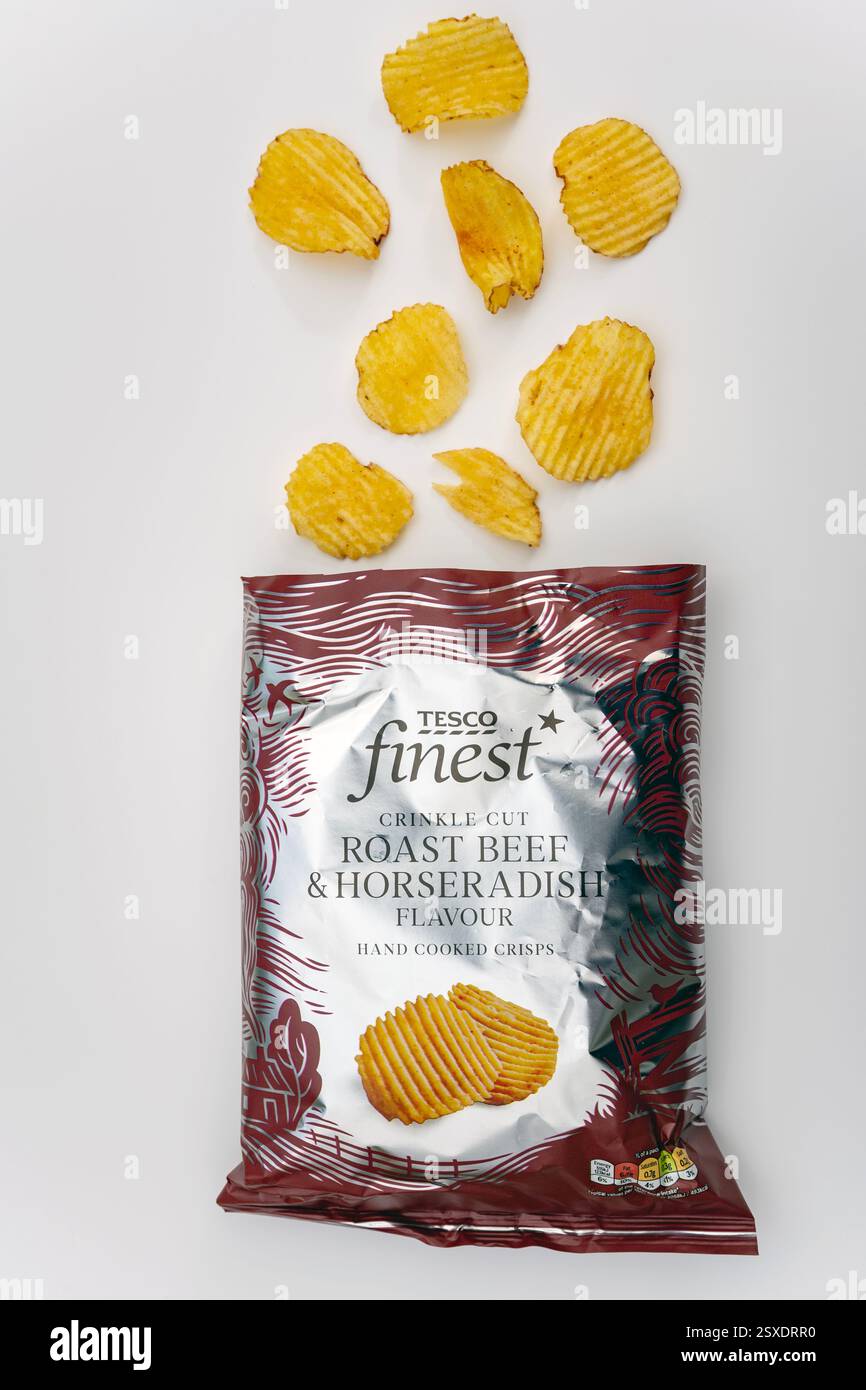 Tesco finest roast beef and horseradish flavour crisps Stock Photo - Alamy