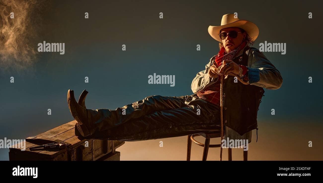 Brutal man as cowboy sitting on chair, wearing wide-brimmed hat ...