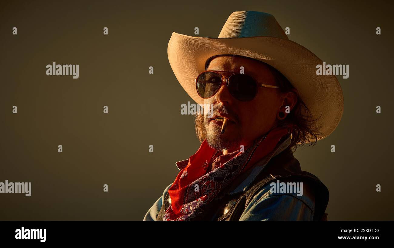 Portrait of handsome and brutal man, cowboy in red bandana, sunglasses ...
