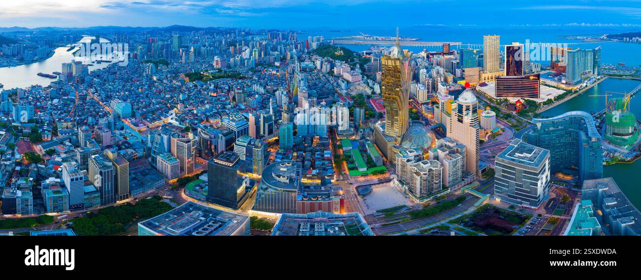 Aerial photography of night scenes of cities on the Macau Peninsula in ...