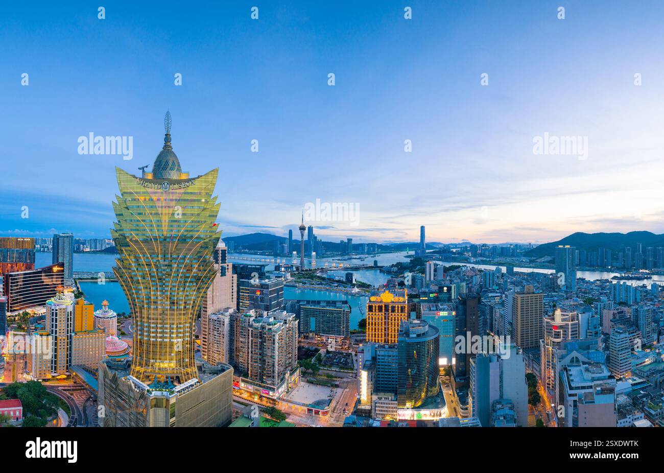 Aerial photography of night scenes of cities on the Macau Peninsula in ...