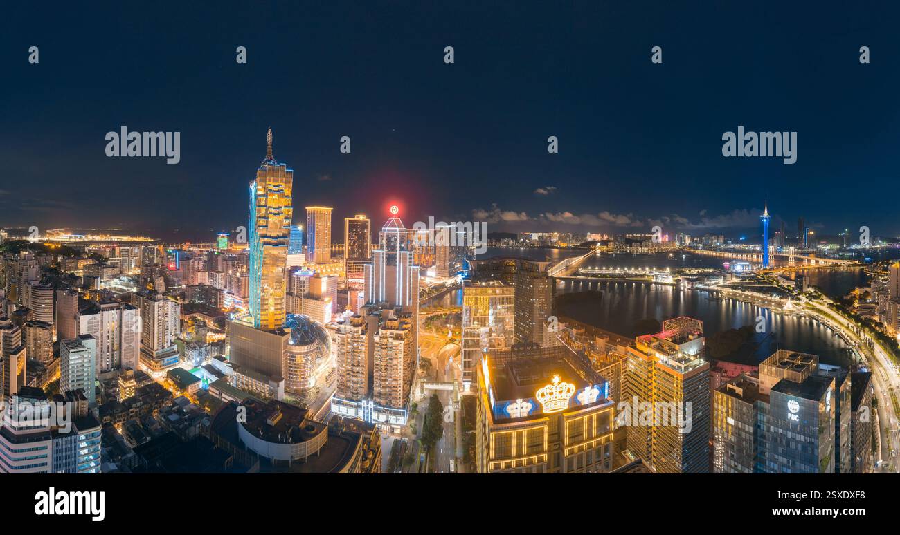 Aerial photography of night scenes of cities on the Macau Peninsula in ...