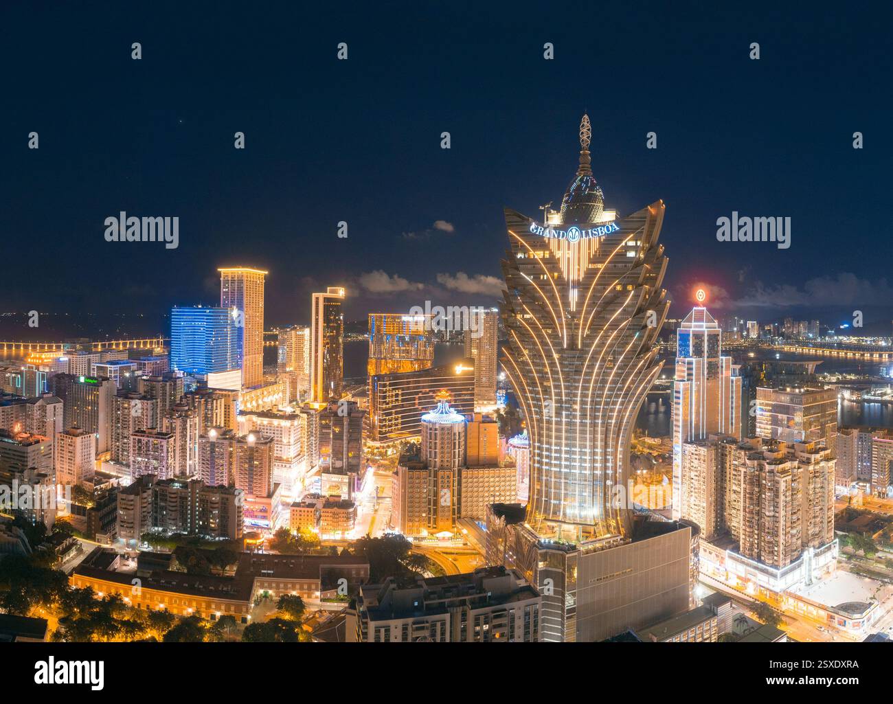Aerial photography of night scenes of cities on the Macau Peninsula in ...