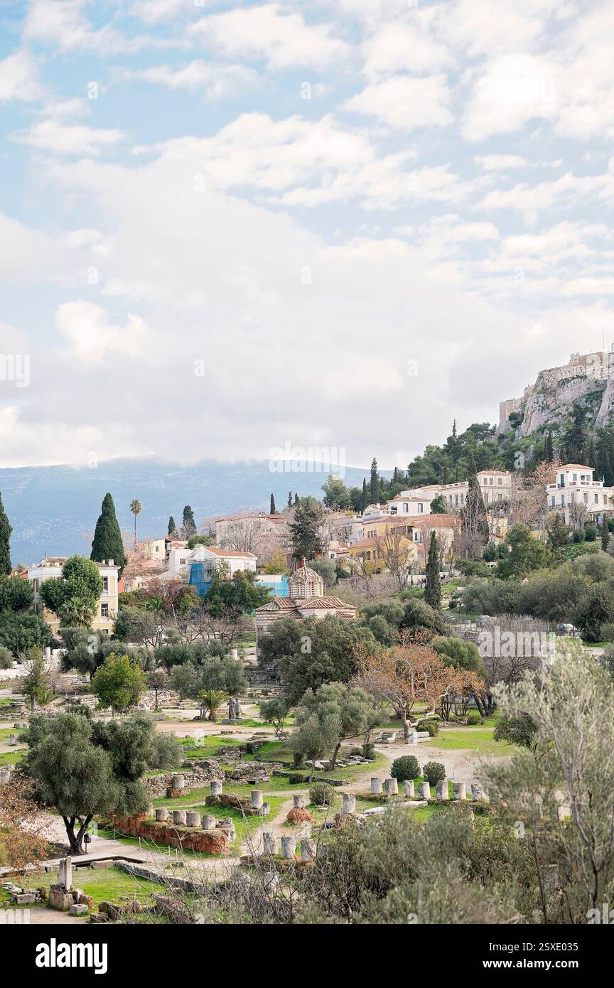 Ancient Agora ruins with Byzantine church and Athens hillside homes ...