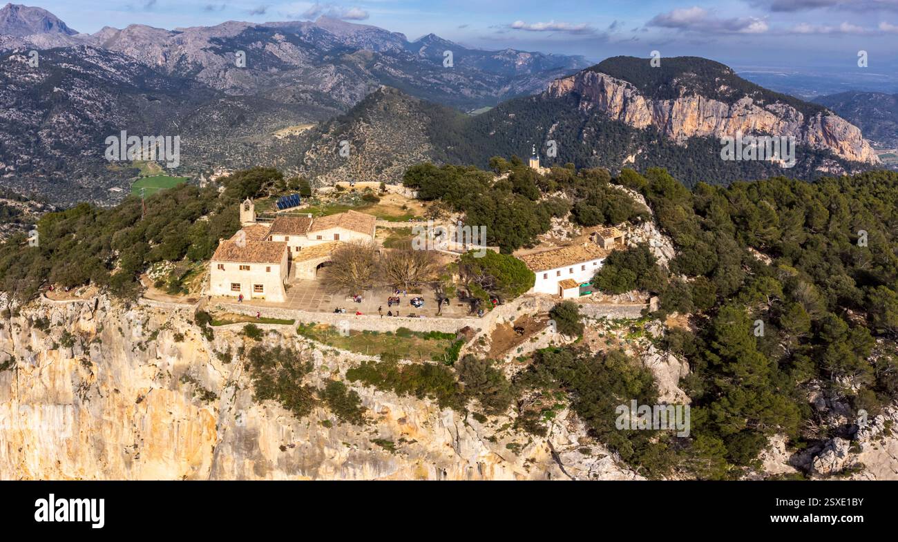 aerial view of the hermitage and Alaró Castle hostelry , Alaró hill ...