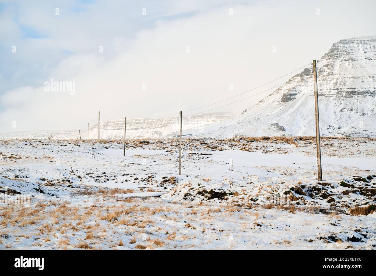 Power lines crossing snowy icelandic landscape Stock Photo - Alamy