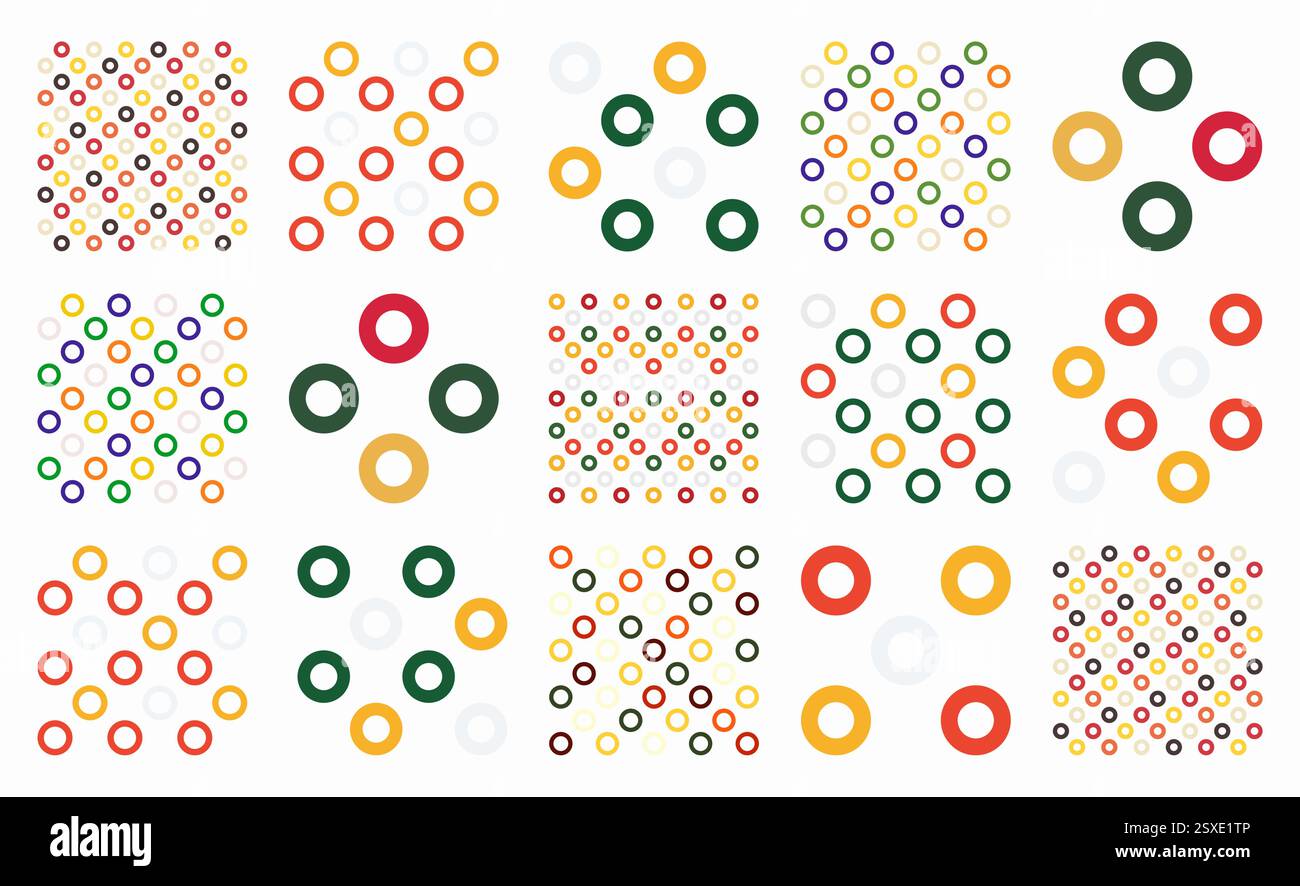 Playful set of seamless vector patterns with colorful rings and circles ...