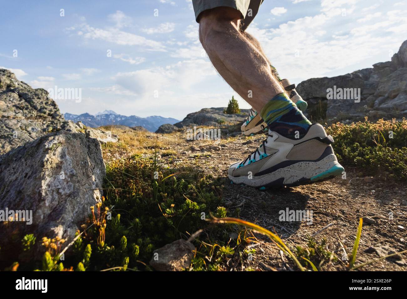 Trail runners shoe lands in dirt and takes next stride in the moutains ...
