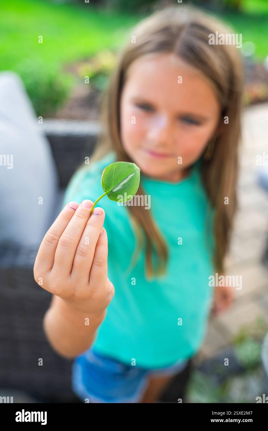 Female Student Studying Small Green Plant Leaf in Backyard Stock Photo ...