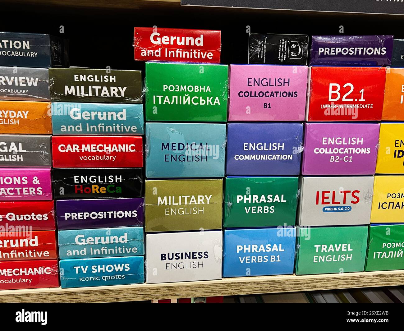 Lviv, Ukraine - February 20, 2025: A display of English learning books ...