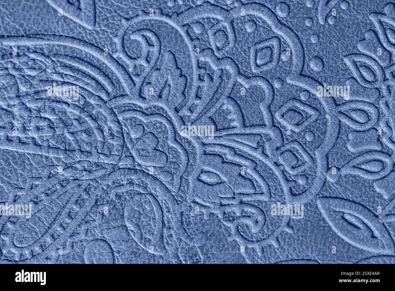 Blue embossed leather texture with an intricate floral and ornamental ...