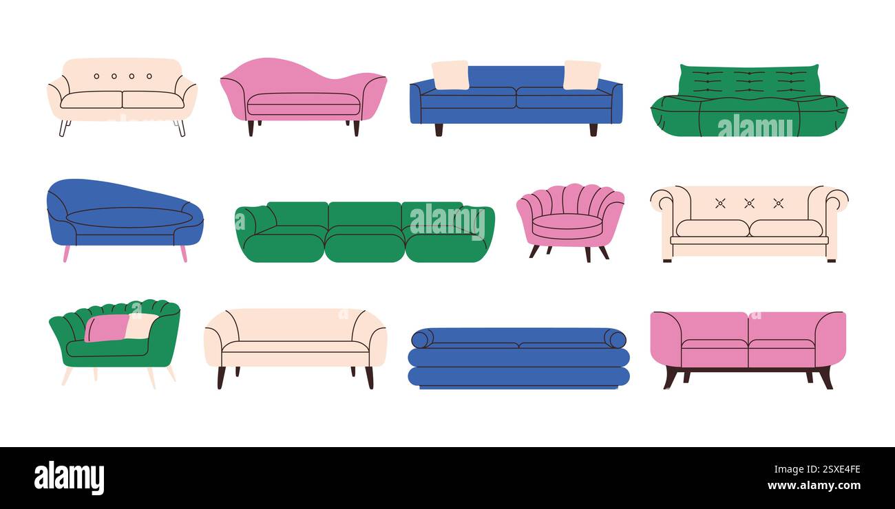 Cartoon sofas. Cozy sofa couch icons, modern furniture, comfortable lounge room divan with ...