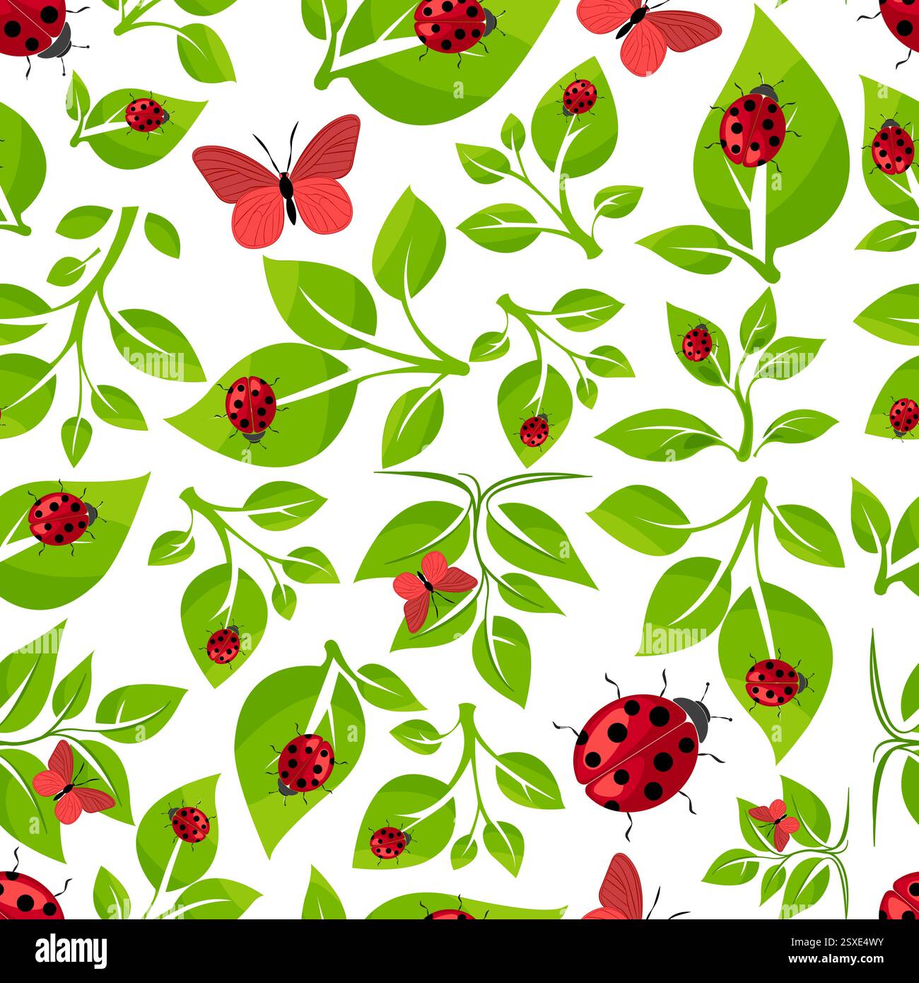 Colorful vector illustration of ladybugs and butterflies on green ...