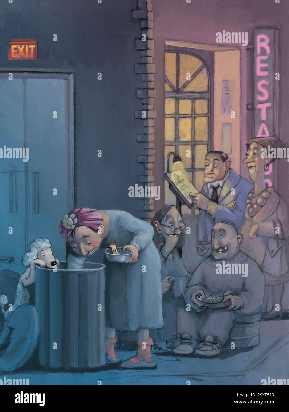 at the back of a classy restaurant in the evening homeless people dine ...