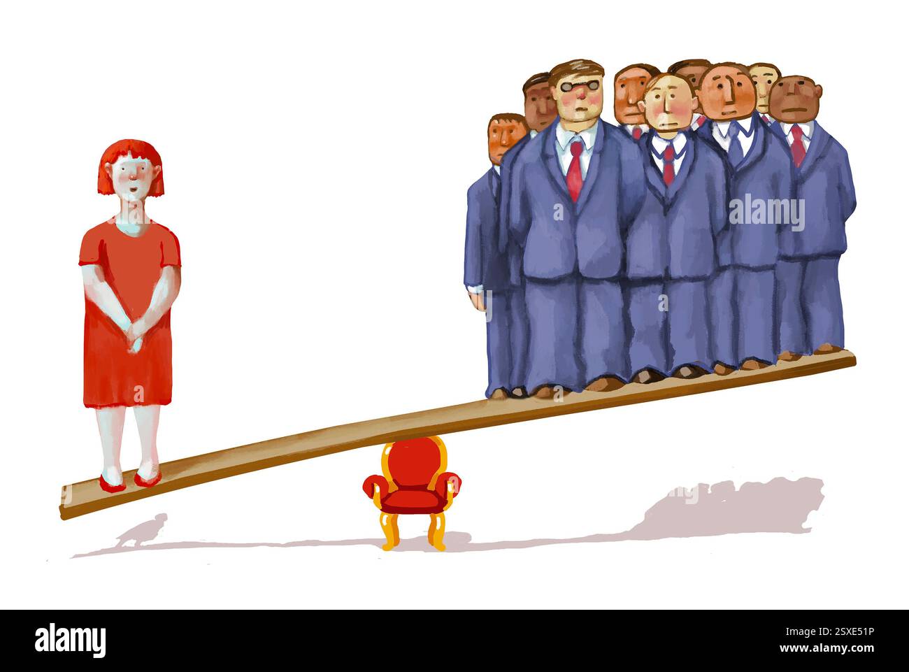 On a scale we have a group of men on one side and a woman alone ...