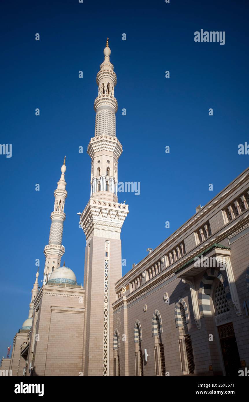 The minarets in Prophet Mosque in Madinah, also known as Masjid Nabawi ...