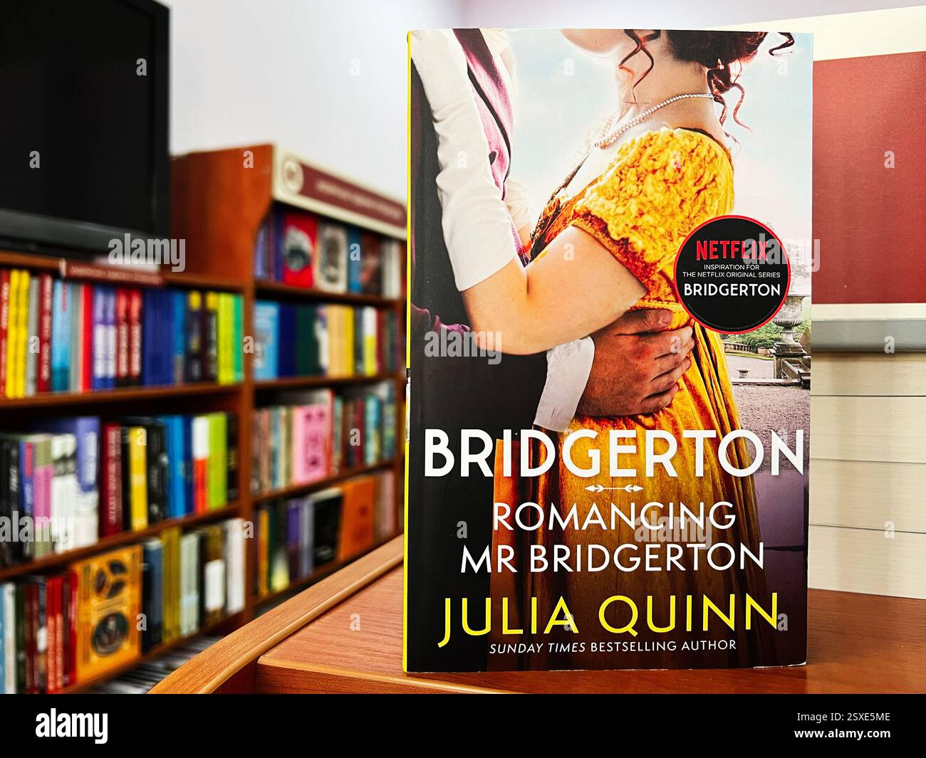 Lviv, Ukraine - February 20, 2025: Featured book 'Romancing Mr Bridgerton' by Julia Quinn in a ...