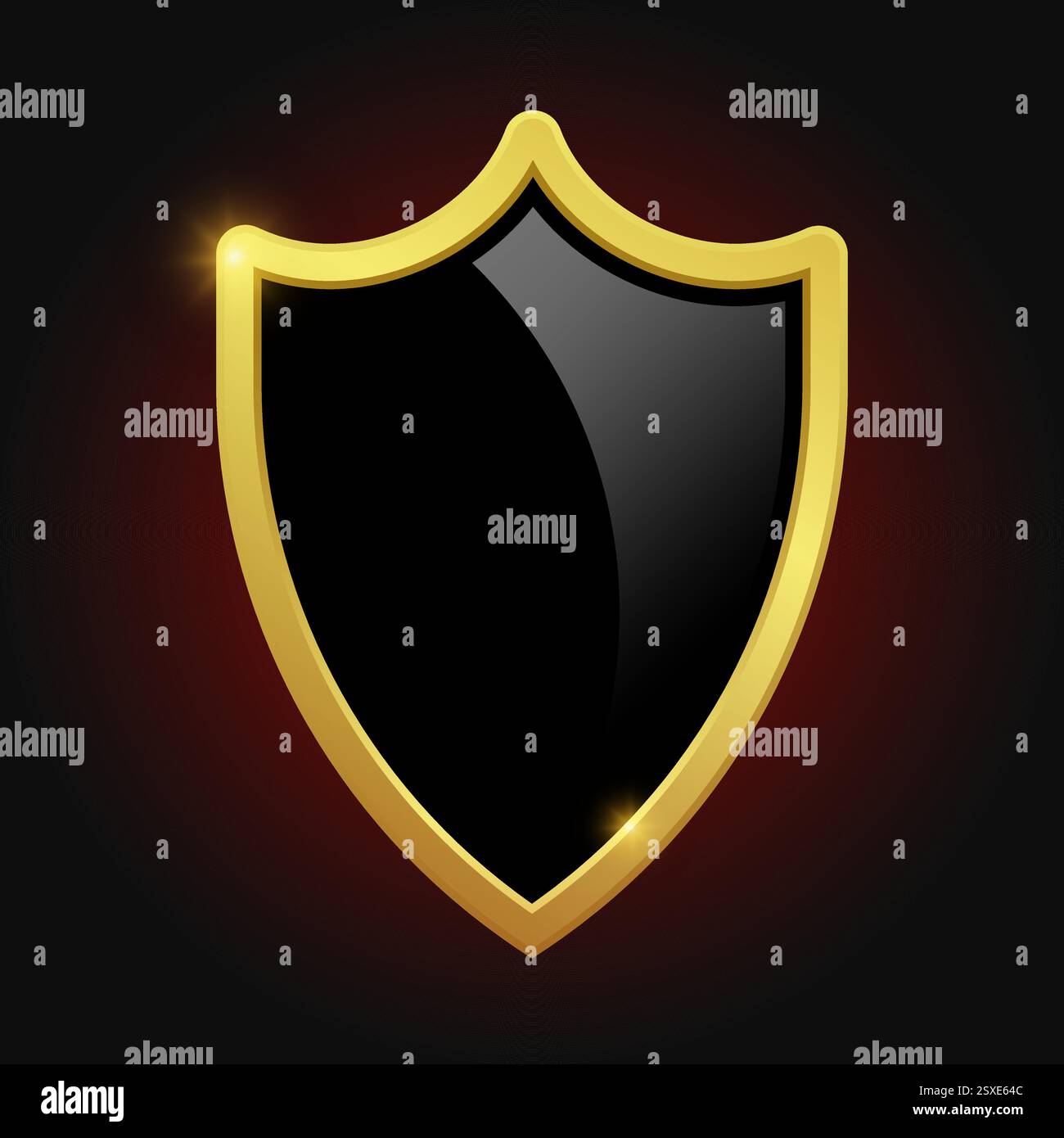 Black shield with glossy bright golden frame isolated on red background ...