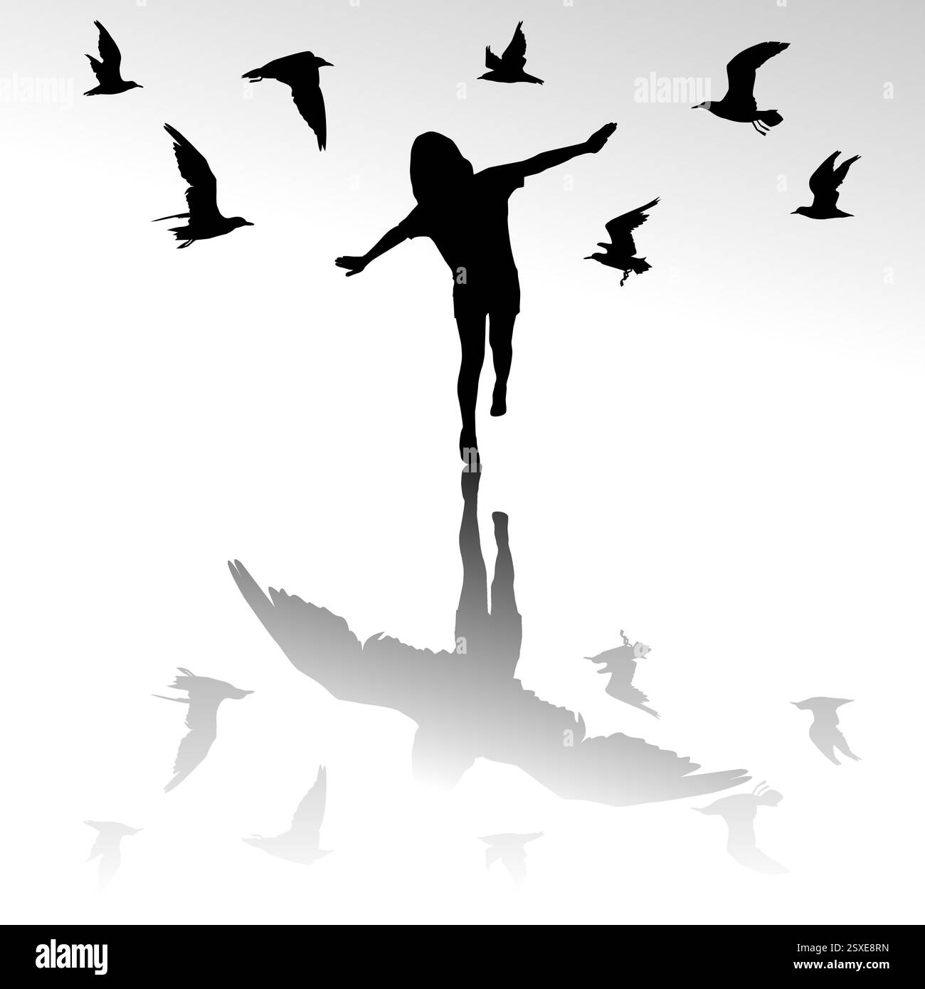 Silhouette of a child surrounded by flying birds imagining that he has ...