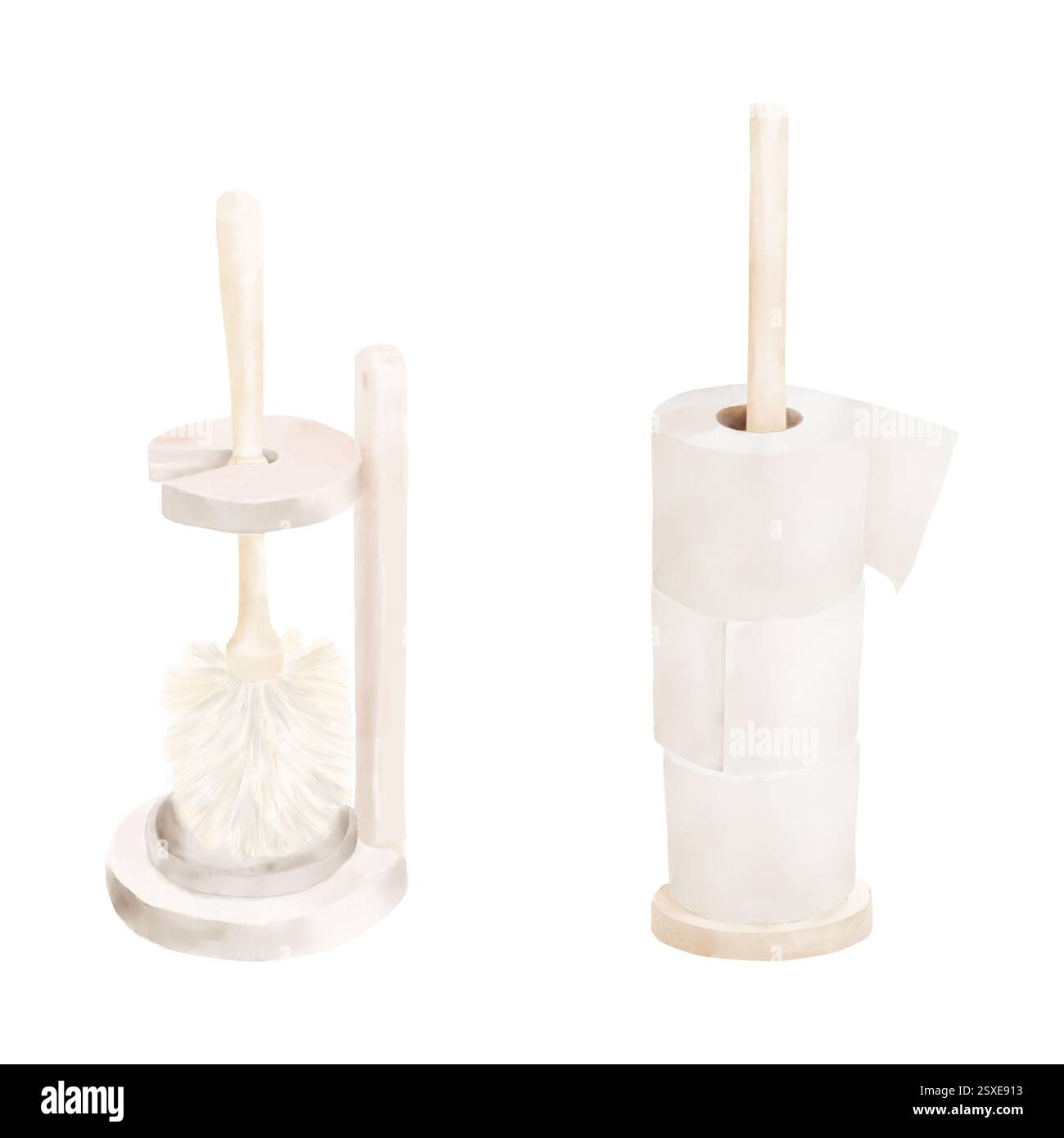 Toilet brush and toilet paper rolls on stand. Watercolor digital ...