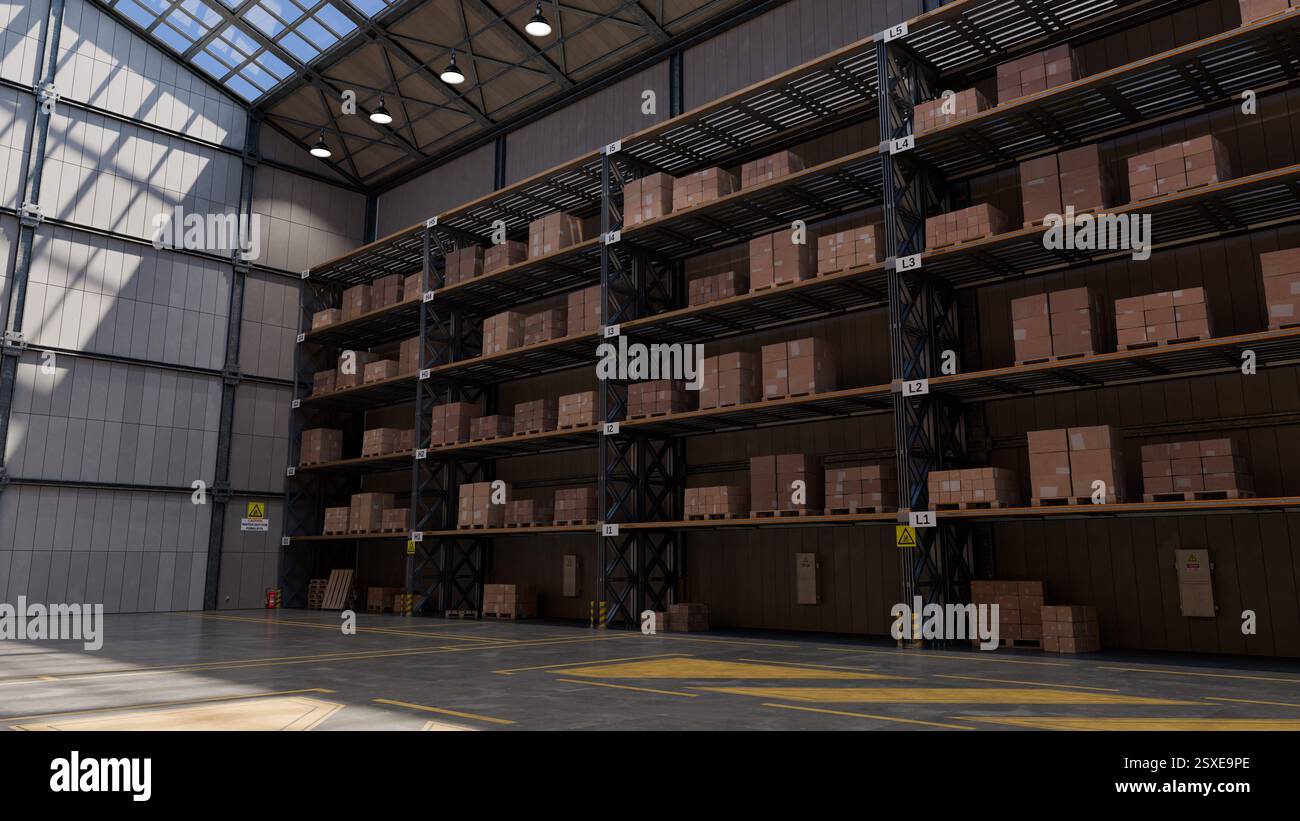 Brightly lit warehouse featuring high shelves filled with neatly ...