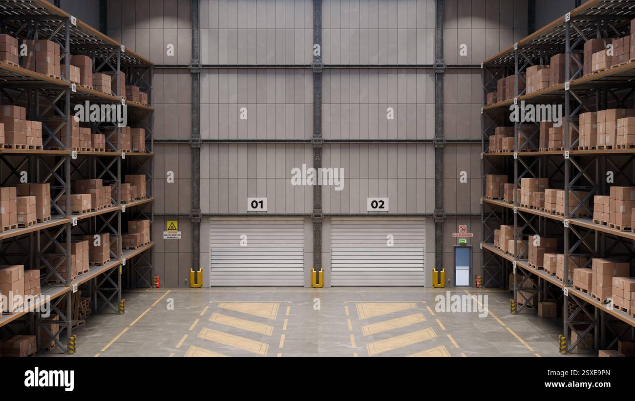 Inside a spacious warehouse, tall metal shelving units are filled with ...