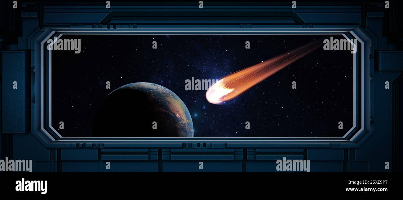 comet streaks towards Earth, visible from the wide window of a ...