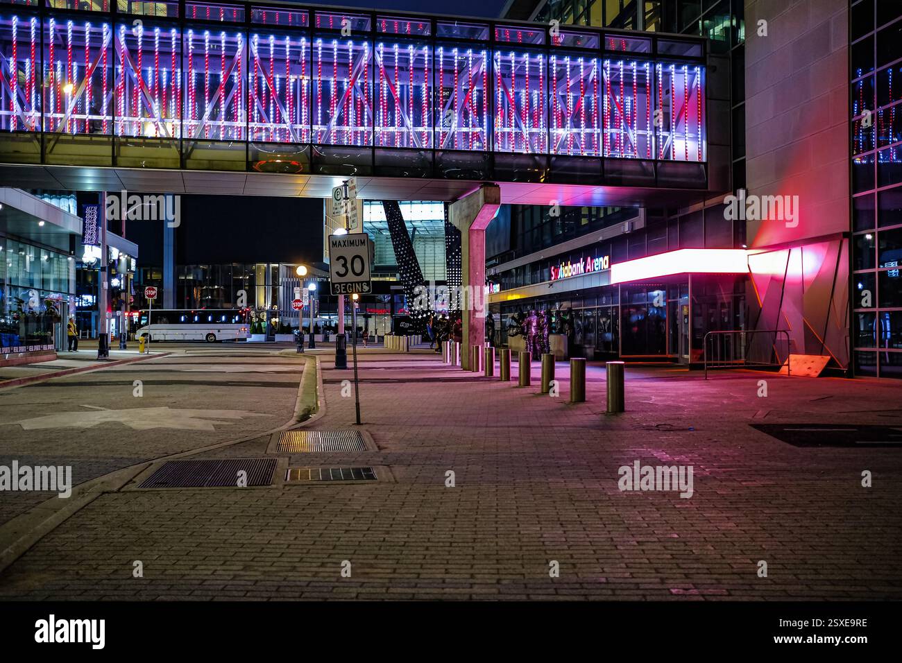 Scotiabank illuminated logo at night. Exterior digital advertising ...