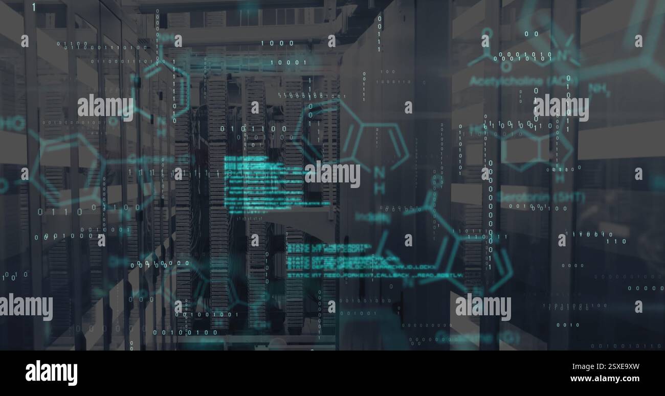 Image of data processing and chemical formula over server room Stock ...