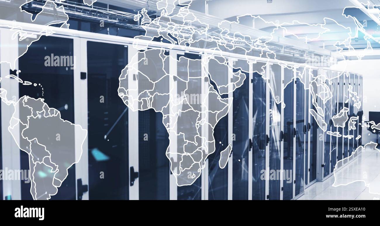 Image of shapes and world map over server room Stock Photo - Alamy