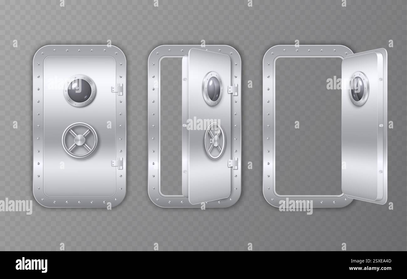 Metal realistic door with a porthole in a bunker, submarine, laboratory ...