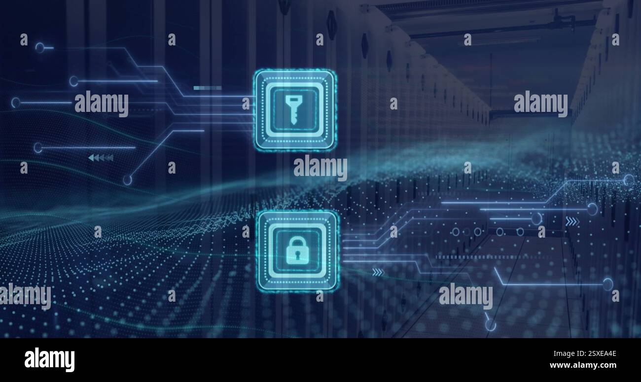 Image of padlock and key icons and data processing over computer servers Stock Photo - Alamy