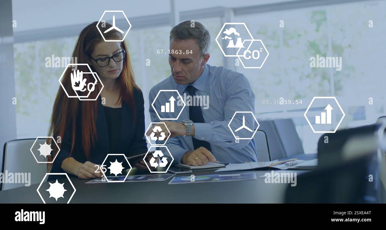 Image of eco icons and data processing over diverse business people in ...