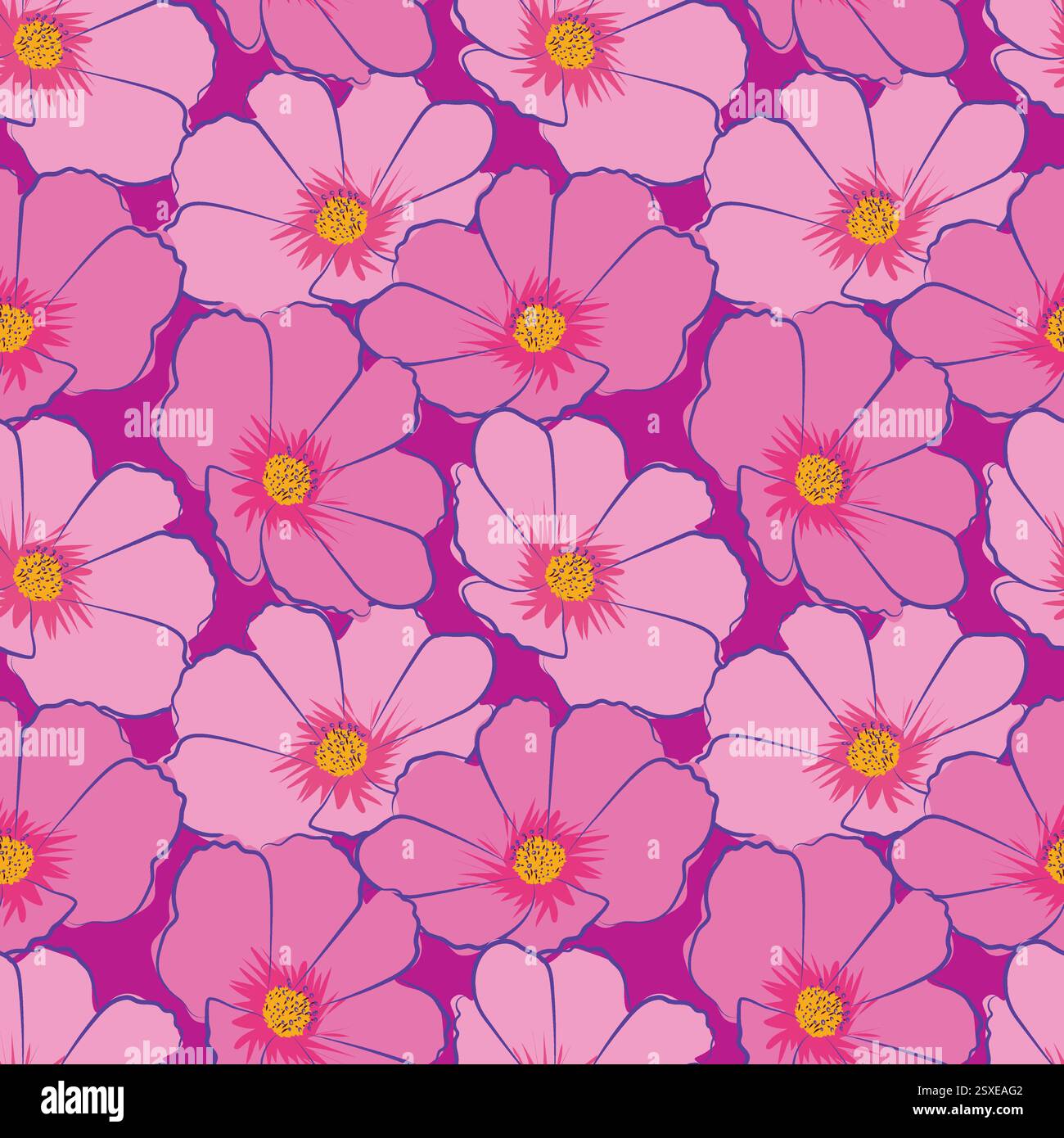Seamless large pattern. Pink cosmos flowers. In the style of ...