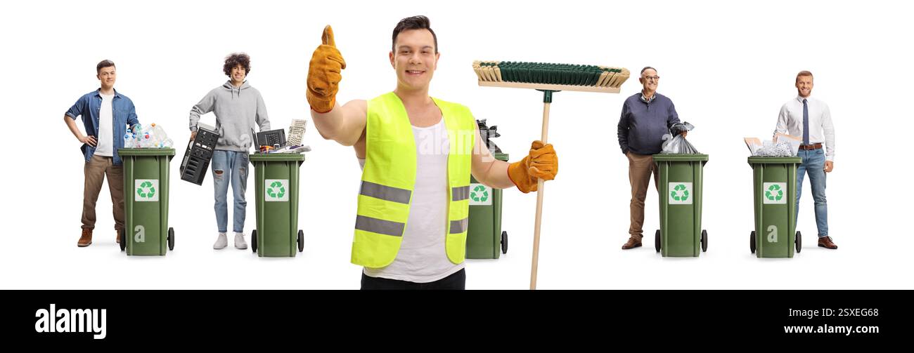 Happy waste collector with a group of people and recycling bins ...