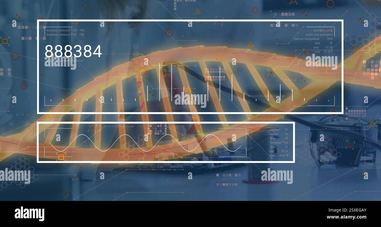 Image of dna strand and data processing over lab Stock Photo - Alamy